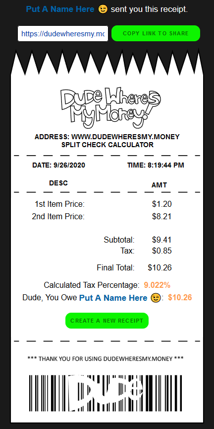 Dude Where's My Money? | Split Check Calculator